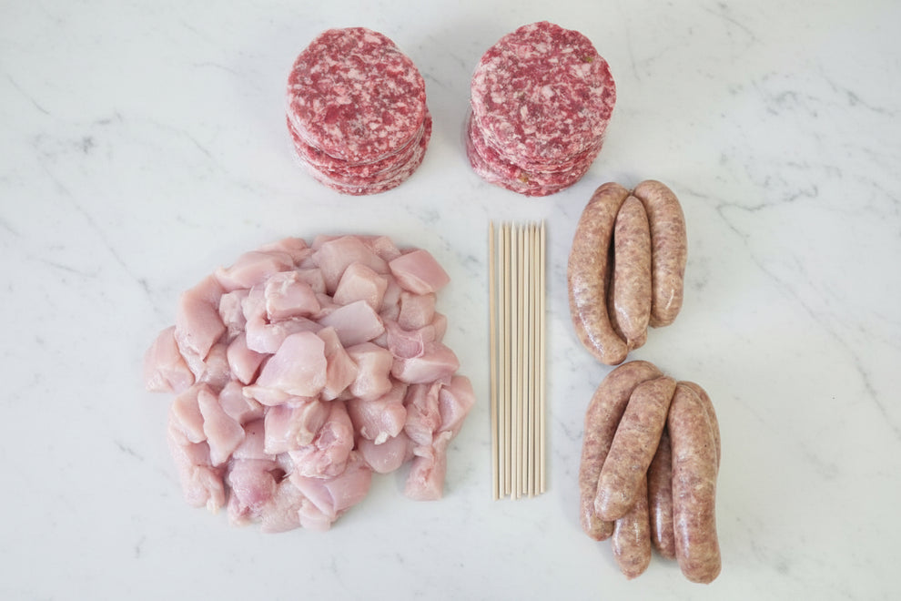 18 Lamb & Mint Burgers, Pork Sausage & Kebab BBQ Pack – Frustrated Farmer
